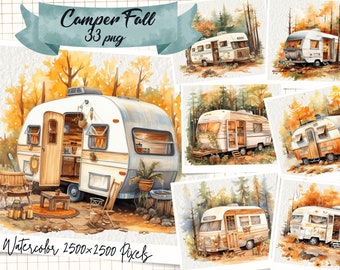 30 Autumn Adventure Campers Clipart, Watercolor Fall Cute Caravan PNG ...
