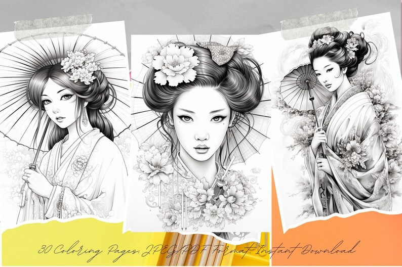 Geisha Coloring Pages Japan Woman in Flowers Geisha Kimono - Etsy
