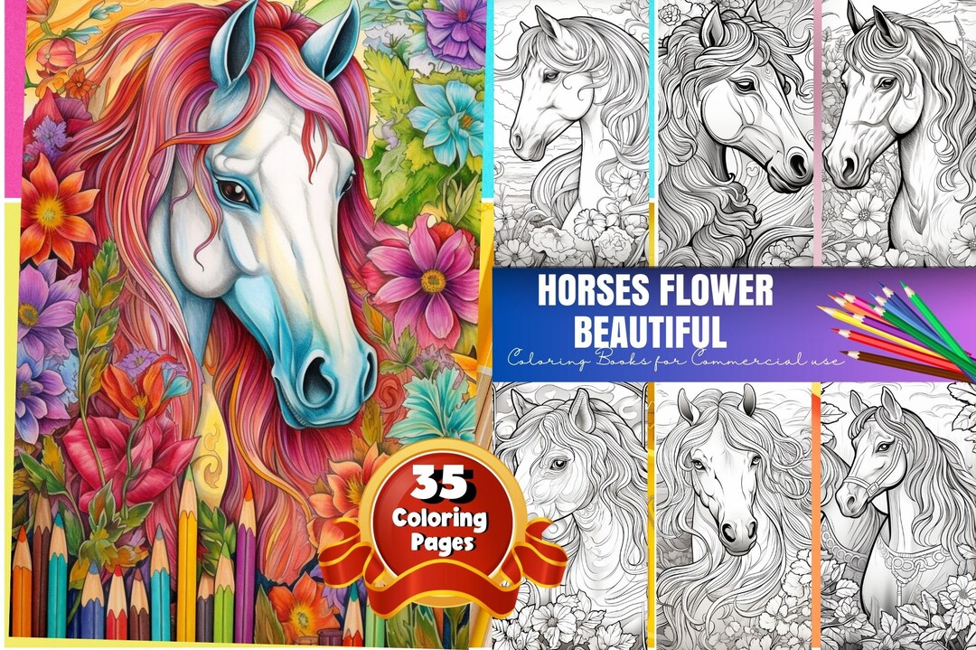 Horses Flower Coloring Pages, Adults Printable Coloring Page, Horses ...