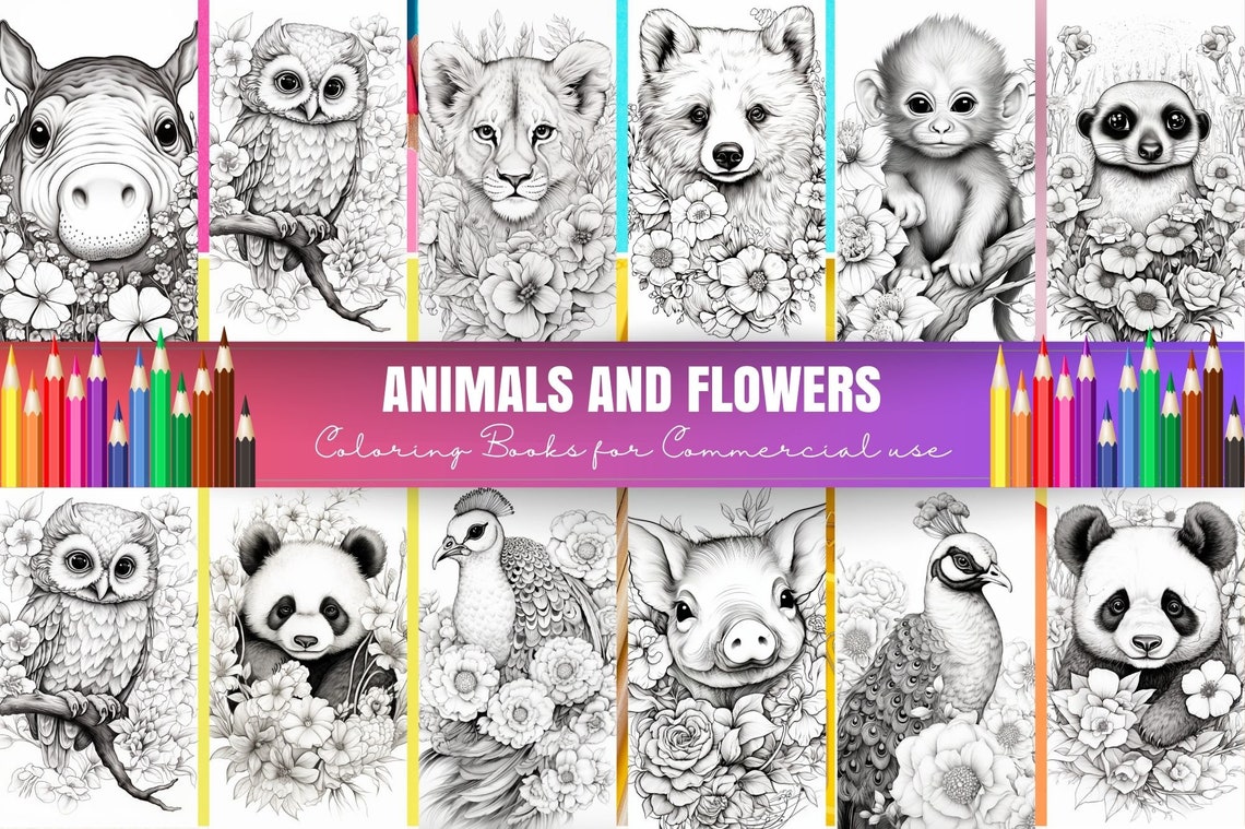 Animals Coloring Page for Adults Printable, Animals and Flowers ...