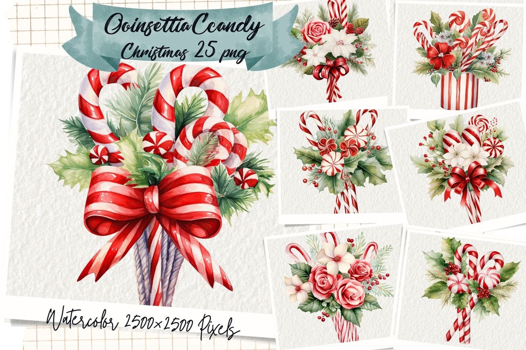 Christmas Candy and Gift Box Watercolor Clipart, Candy Cane, Peppermint ...