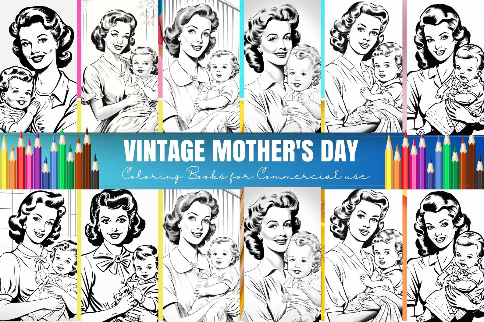 Vintage Mothers Day Coloring Pages, Baby and Mom Coloring, Printable ...