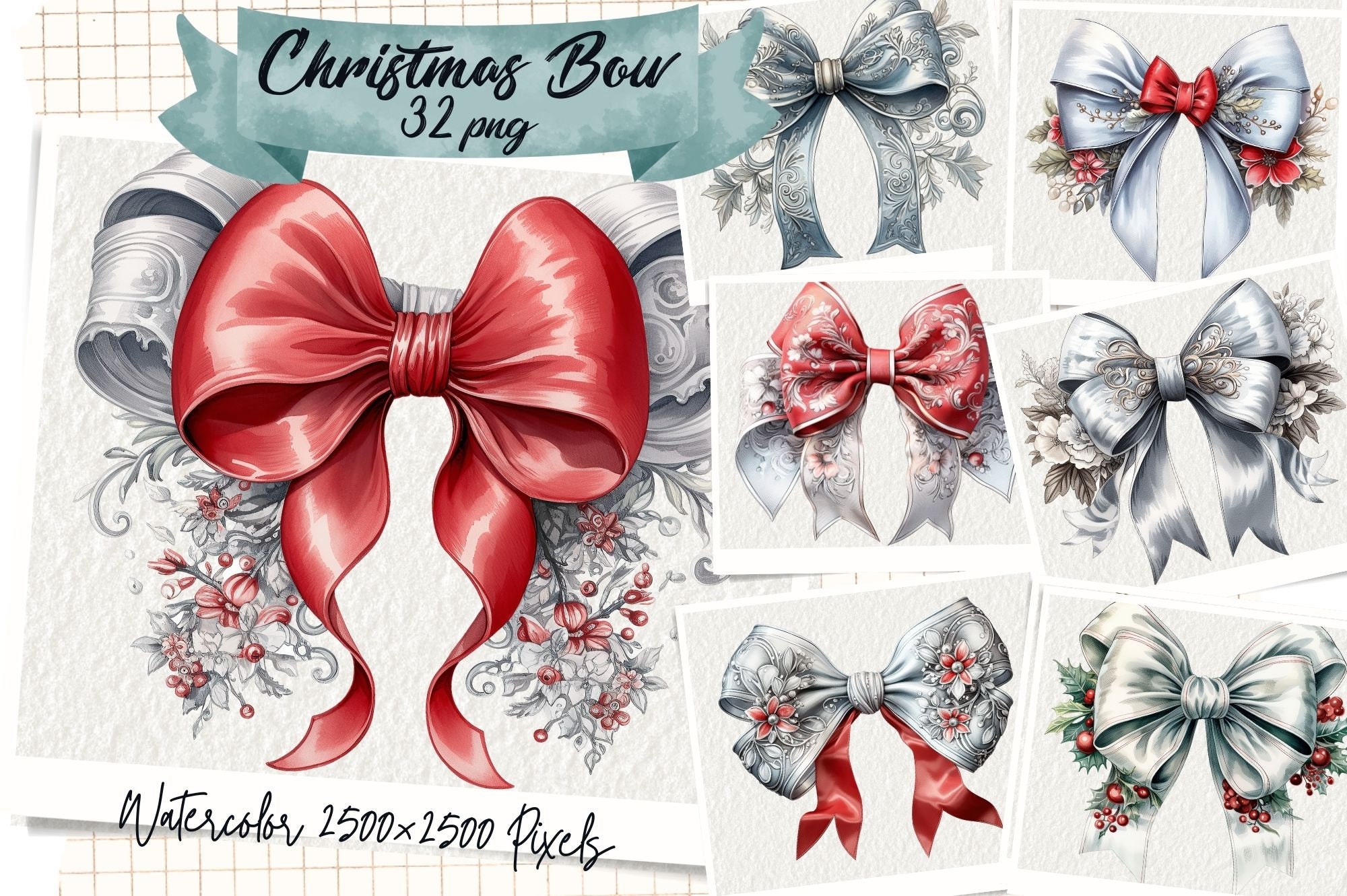 Christmas Bow Watercolor Clipart Christmas Clipart Winter - Etsy