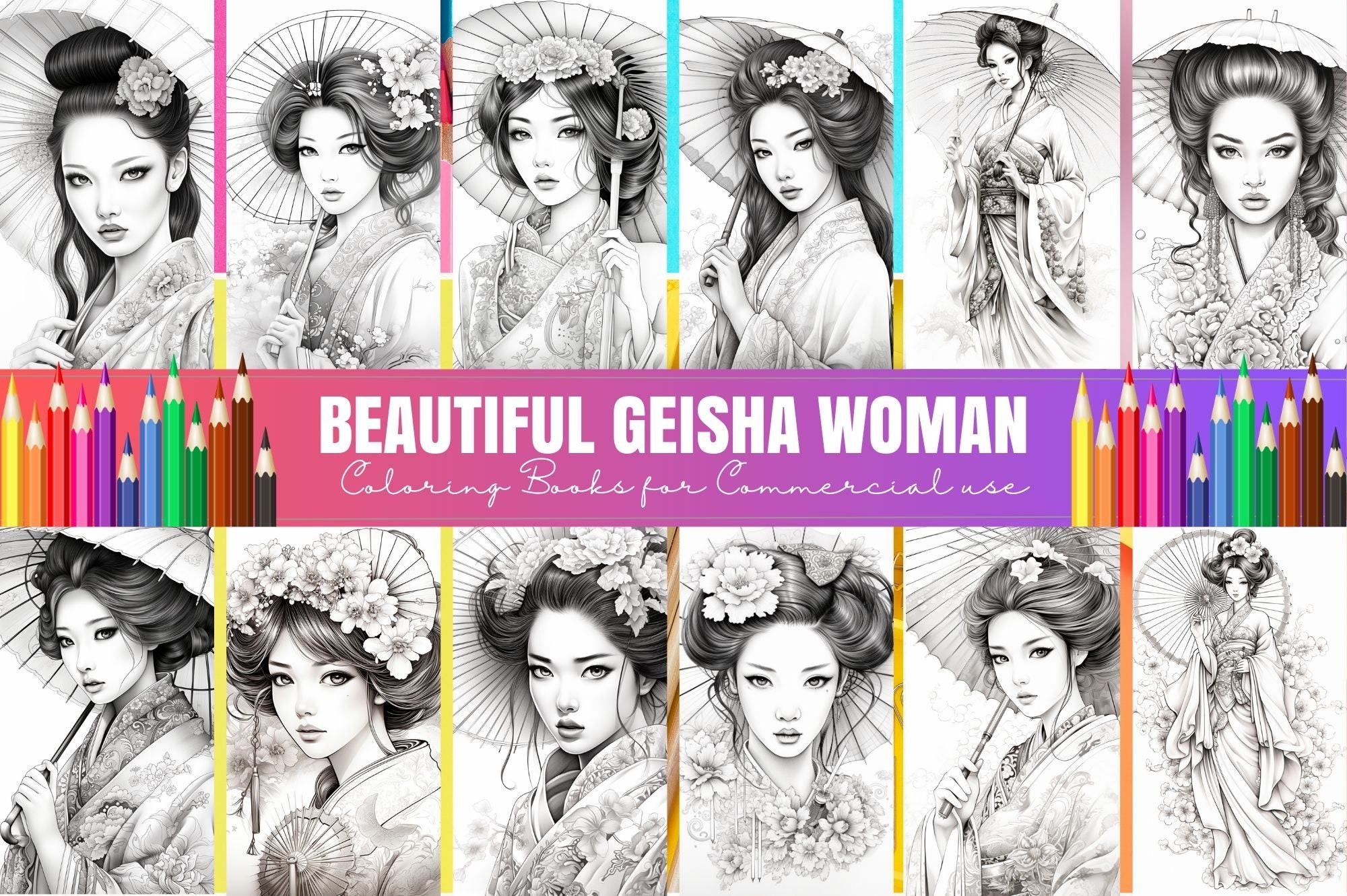 Geisha Coloring Pages Japan Woman in Flowers Geisha Kimono - Etsy