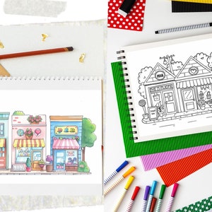 Kawaii Town Storefronts Coloring Pages, Cute for Adults, Printable ...