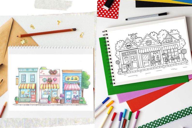 Kawaii Town Storefronts Coloring Pages, Cute for Adults, Printable ...