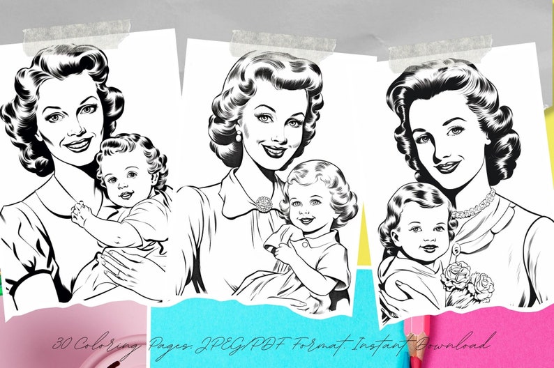 Vintage Mothers Day Coloring Pages, Baby and Mom Coloring, Printable ...