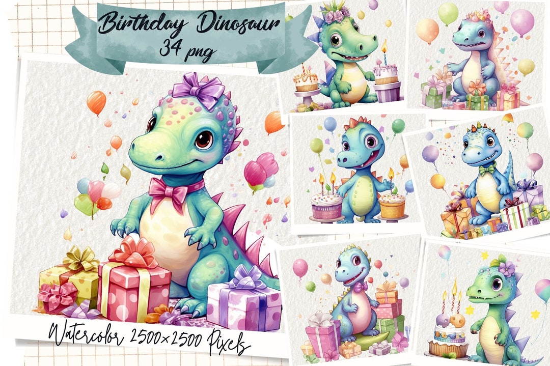 Dinosaur Birthday Watercolor Clipart, Dino Theme Birthday Party ...