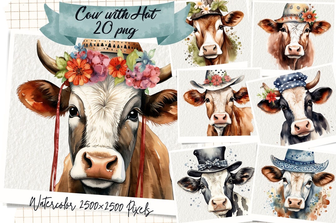 Cow With Hat Clipart, Digital Download! Wall Art, Canvas Art, Painting ...