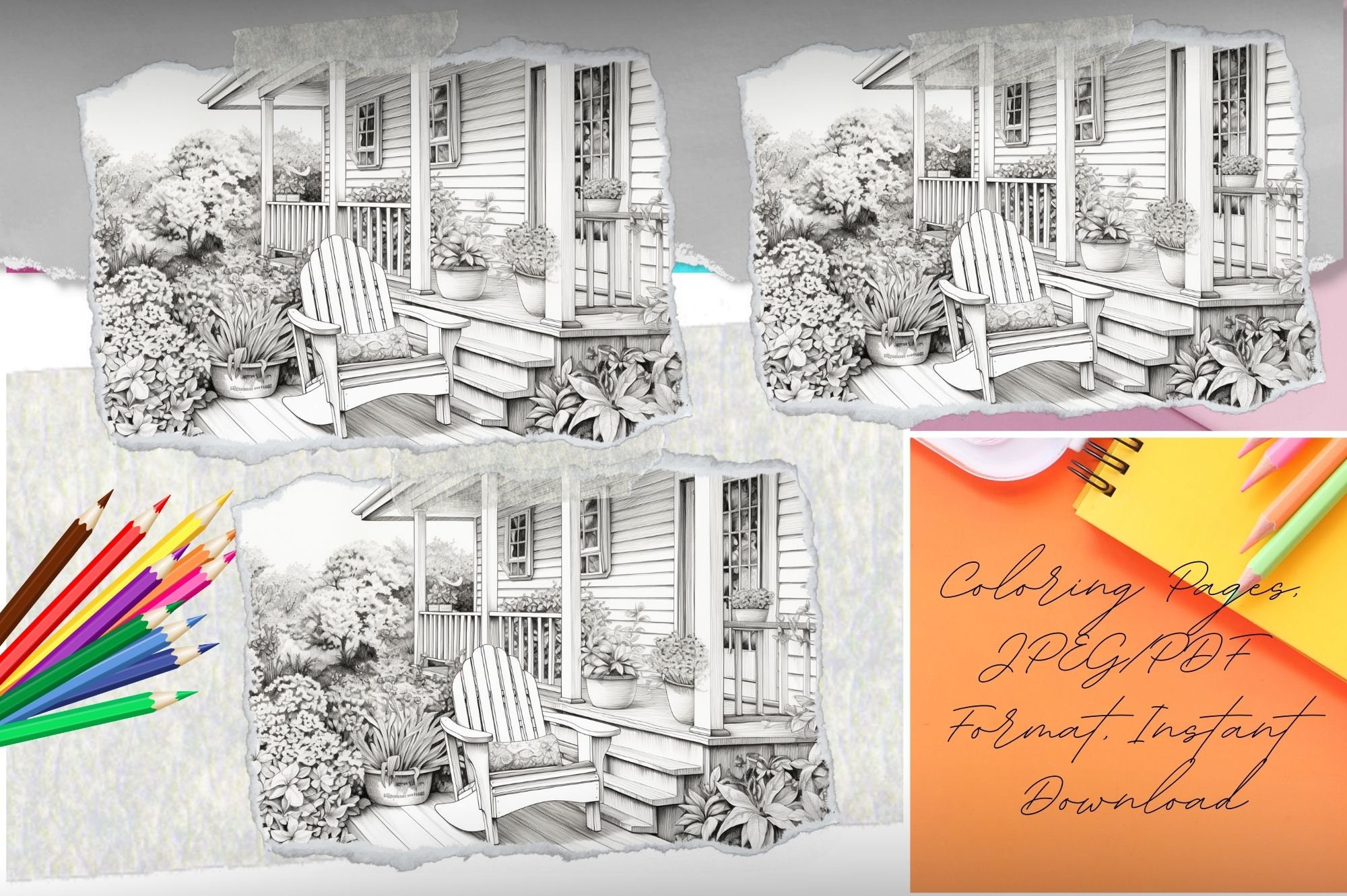 Festive Farmhouse Coloring Pages, Rustic Farmhouse Coloring, Digital ...