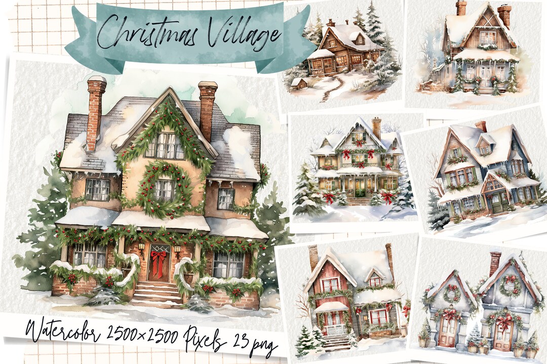 Village Watercolor Clipart, Winter Christmas Village Winter Scene ...