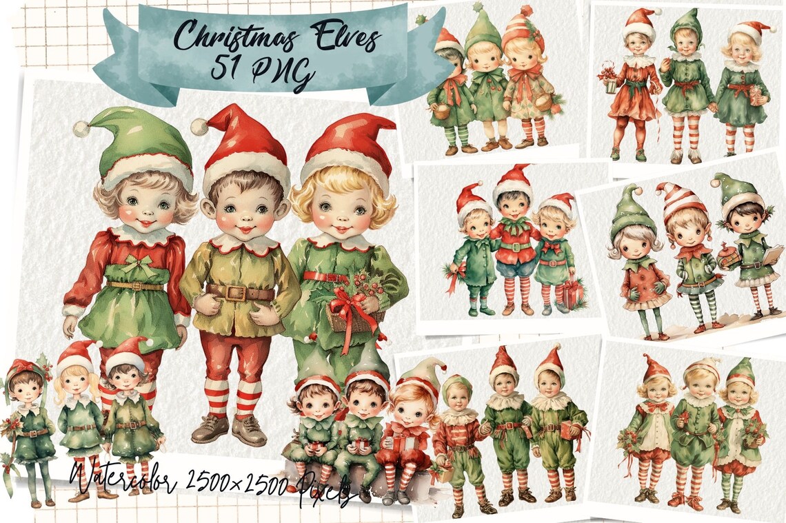 Vintage Christmas Elves 1920 Watercolor Clipart, Digital Download ...