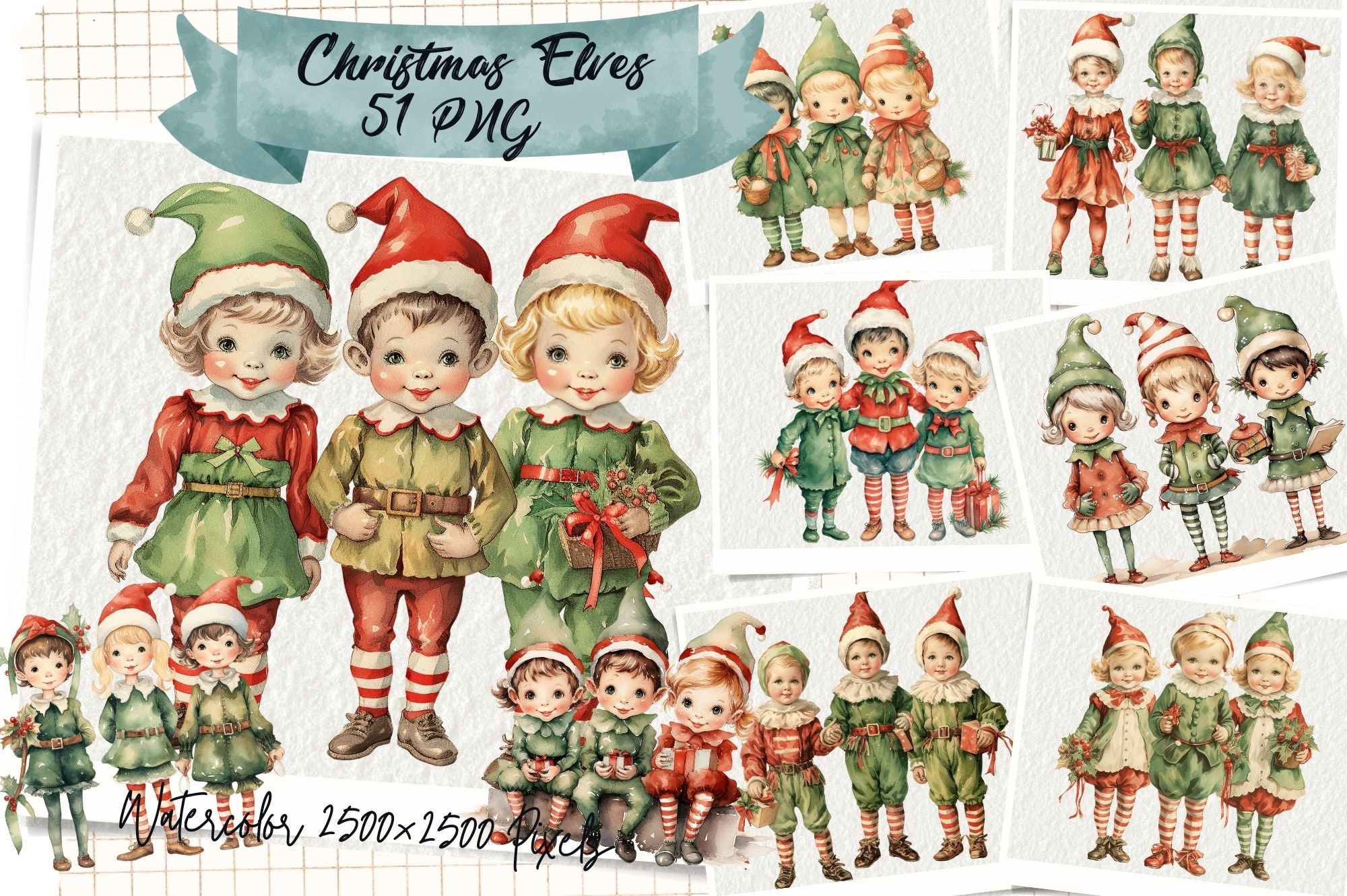Vintage Christmas Elves 1920 Watercolor Clipart, Digital Download ...