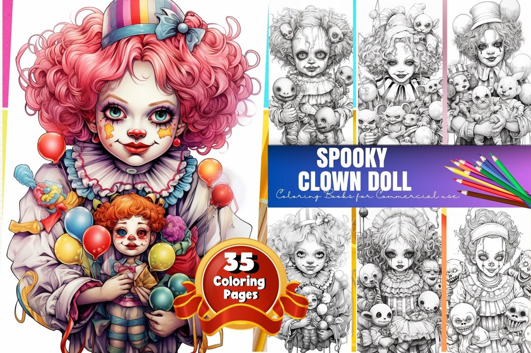 Creepy Clowns Doll Coloring Book, Printable PDF, Horror Gothic Clown ...