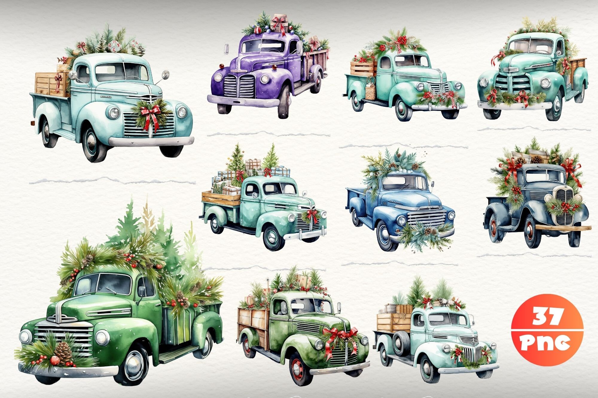 Watercolor Vintage Christmas Truck Clipart, Christmas Truck Clipart ...