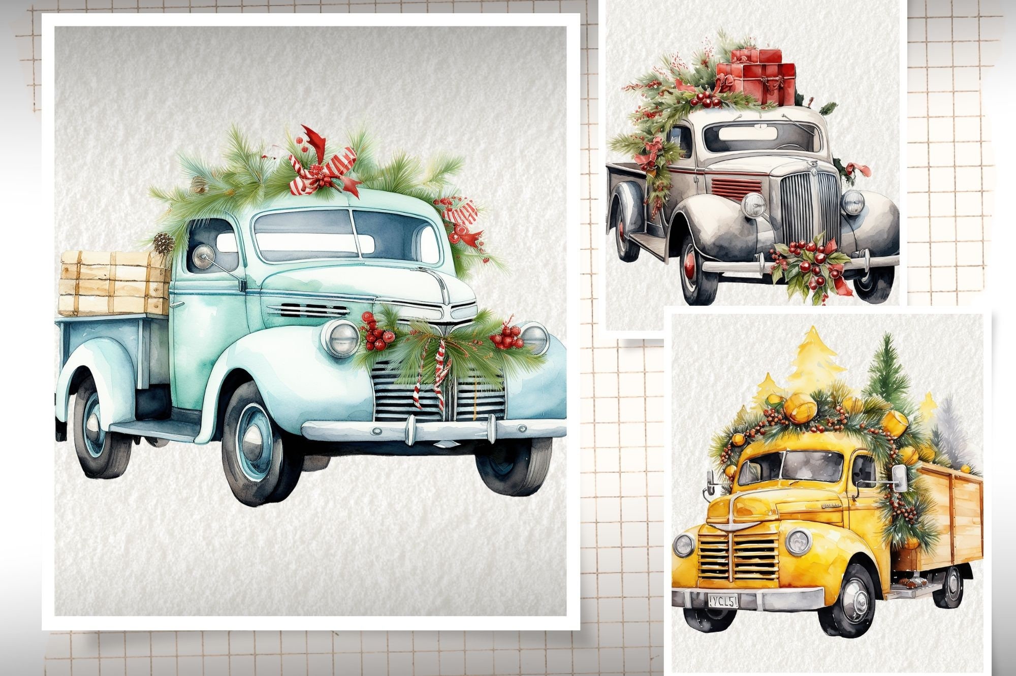 Watercolor Vintage Christmas Truck Clipart Christmas Truck - Etsy