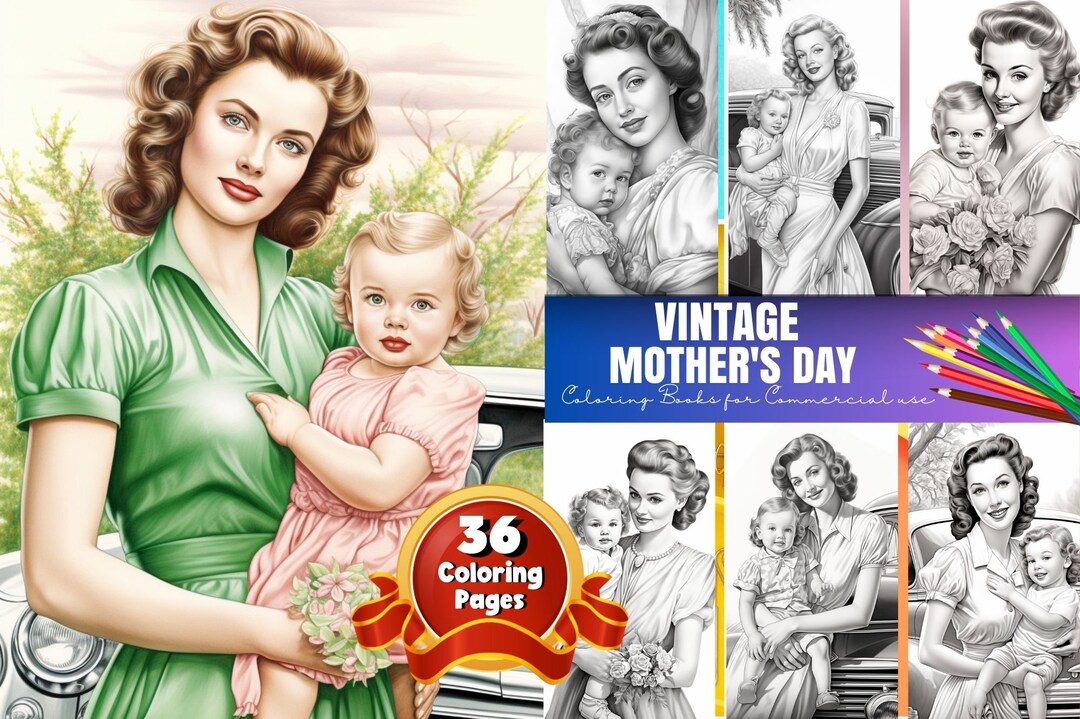 Vintage Mothers Day Coloring Pages, Baby and Mom Coloring, Printable ...