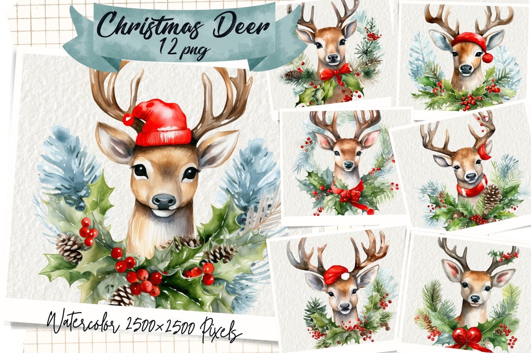Christmas Deer Watercolor Clipart Christmas Clipart Deer - Etsy