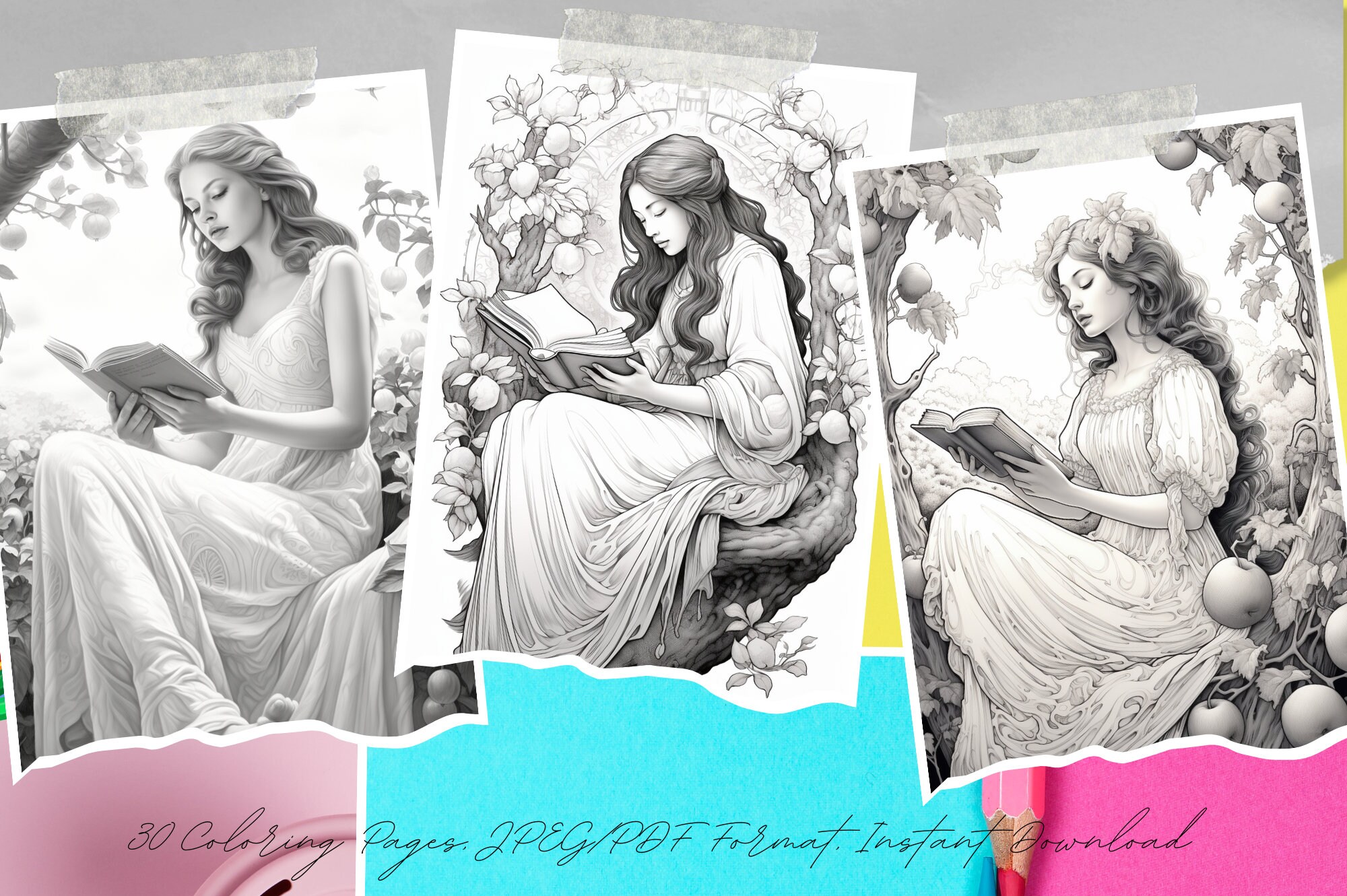 Girl Reading Book Under the Tree Coloring Pages, Vintage Girls With ...