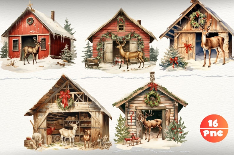 Farm Barn Reindeer Clipart, Farm Barns Watercolor, Farm Barn, Barn ...
