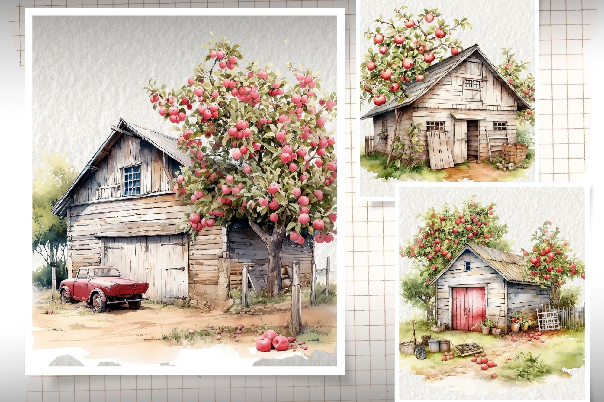 Apple Farm Barns Watercolor Clipart Transparent PNG Apple - Etsy