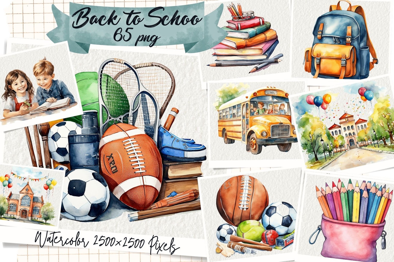 Back to School Clipart, School Watercolor Clipart, School Clipart PNG ...