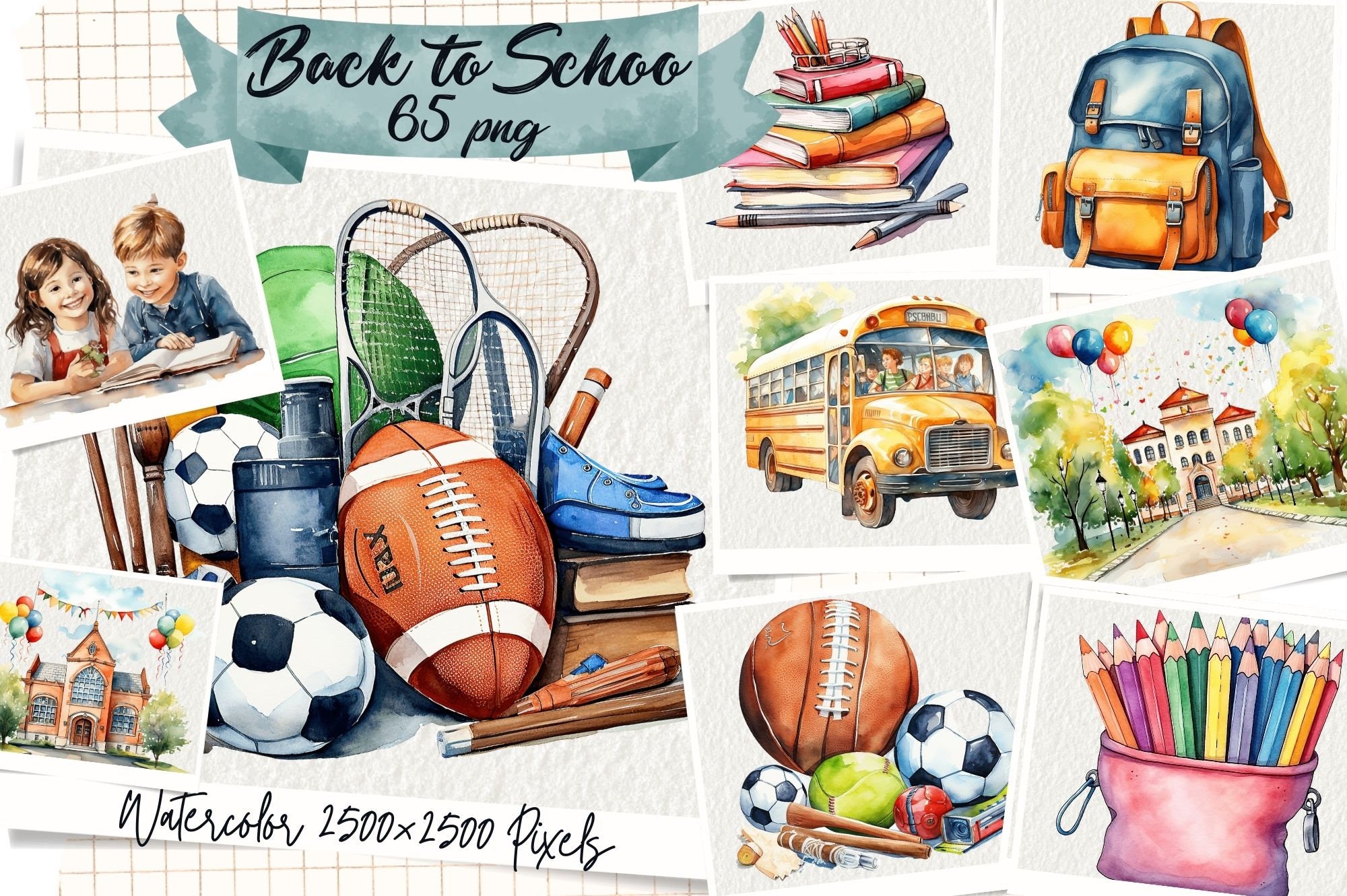 Back to School Clipart, School Watercolor Clipart, School Clipart PNG ...