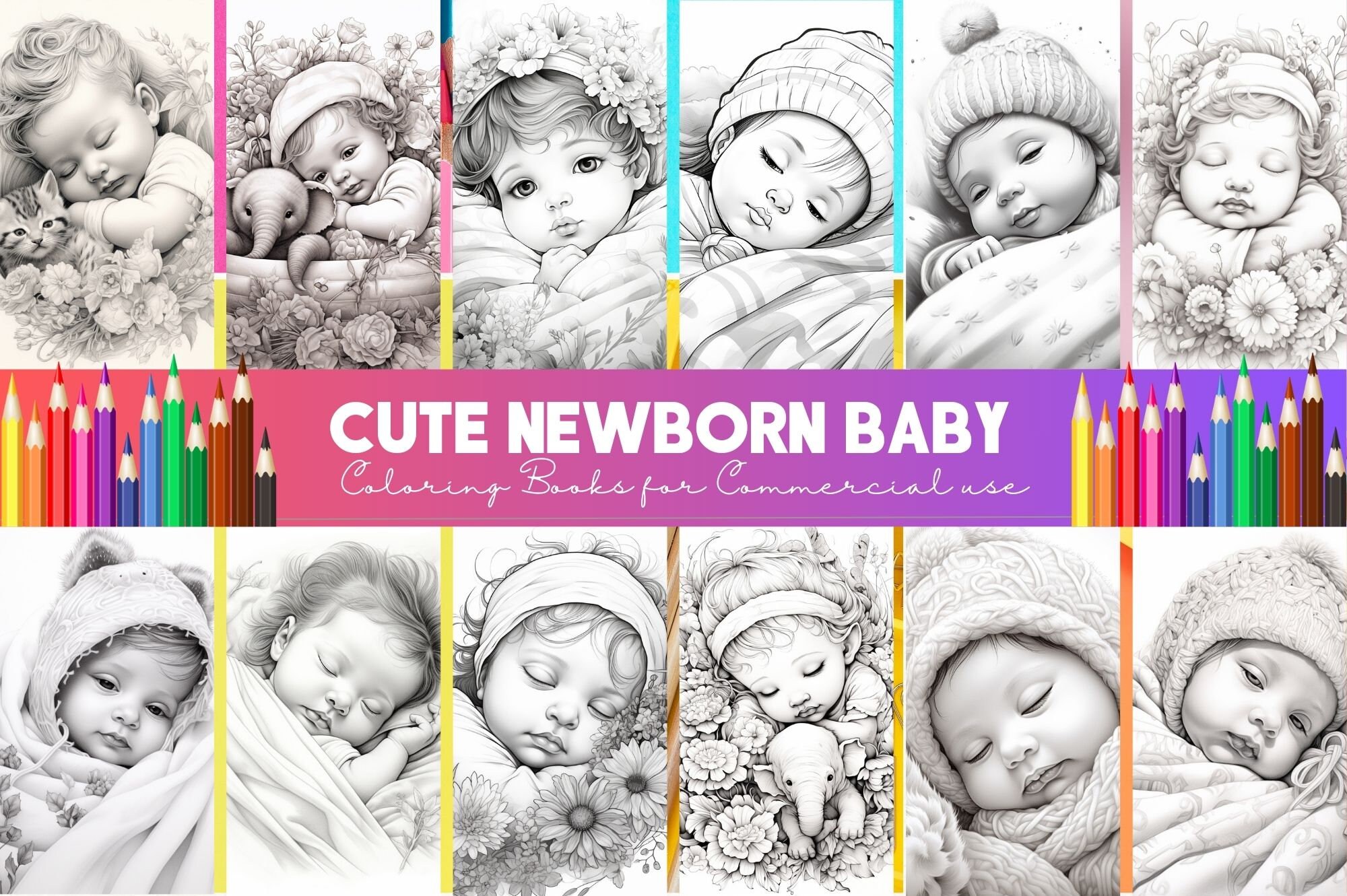 Sleeping Babies Coloring Pages, Cute Newborn Baby Printable Grayscale ...