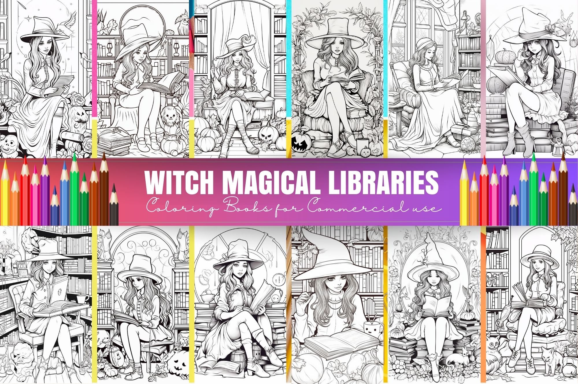 Witch Magical Libraries Fantasy Coloring Pages for Adults - Etsy