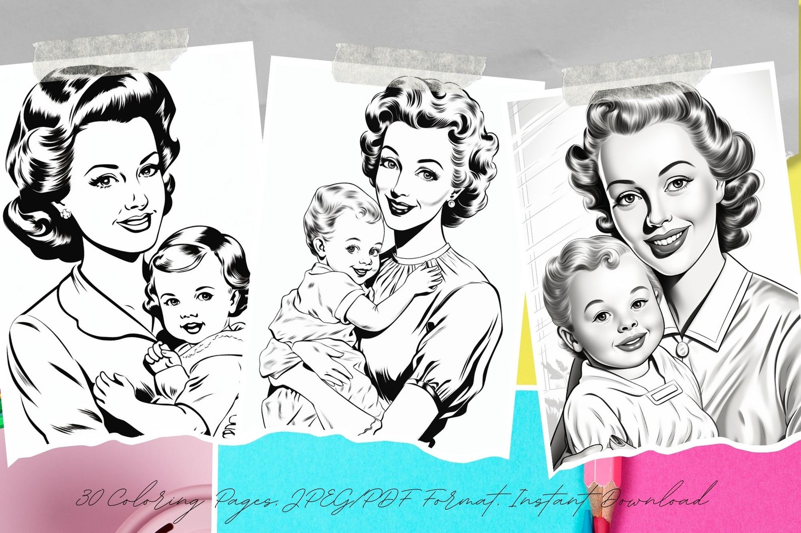 Vintage Mothers Day Coloring Pages, Baby and Mom Coloring, Printable ...