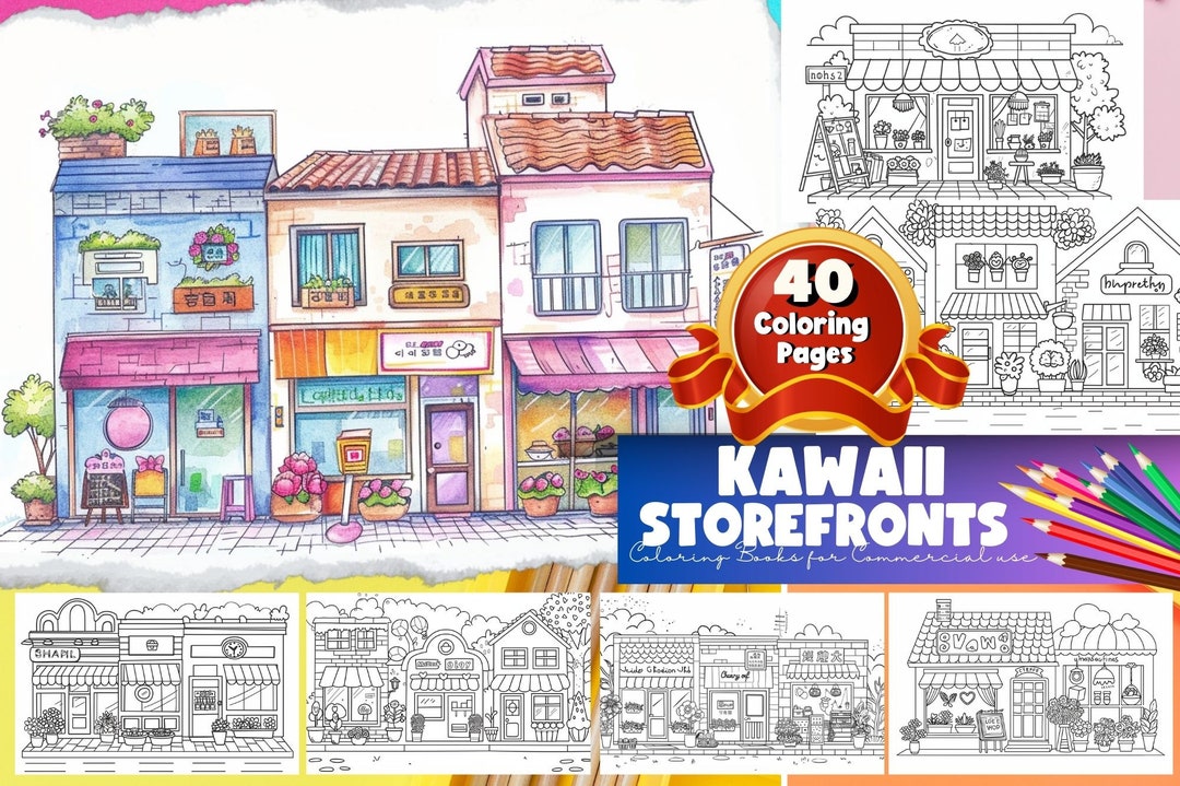Kawaii Town Storefronts Coloring Pages, Cute for Adults, Printable ...