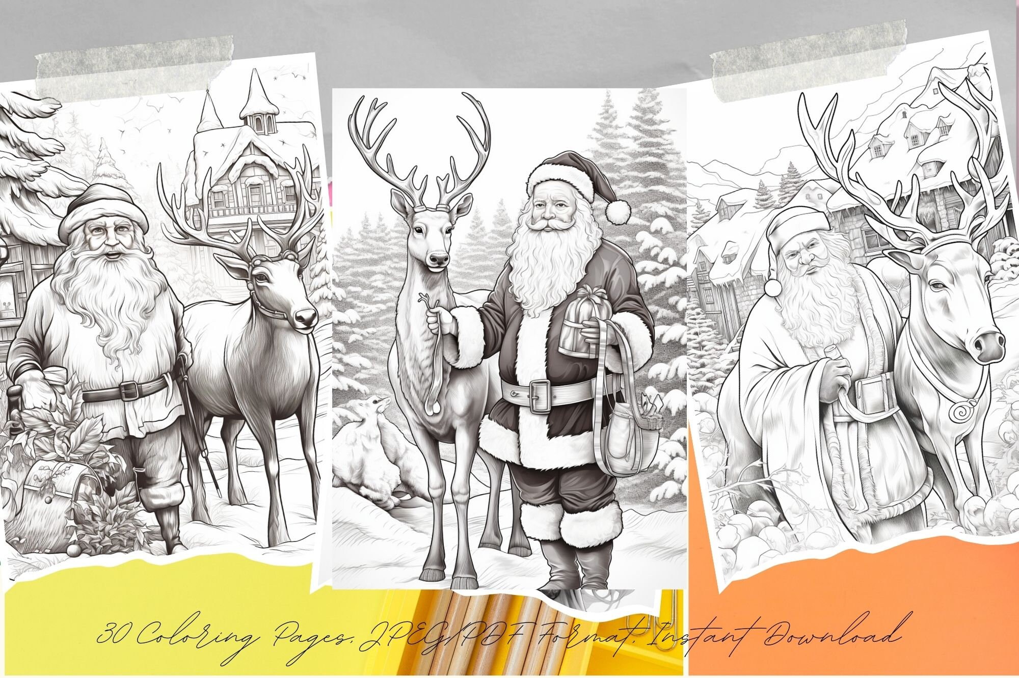Santa Claus and Reindeer in Village Christmas Coloring Pages, Christmas ...