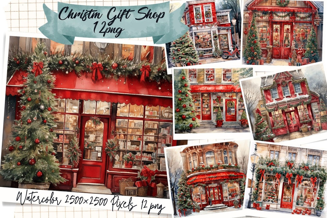 Christmas Shops Clipart, Watercolor Christmas Clipart, Watercolor ...