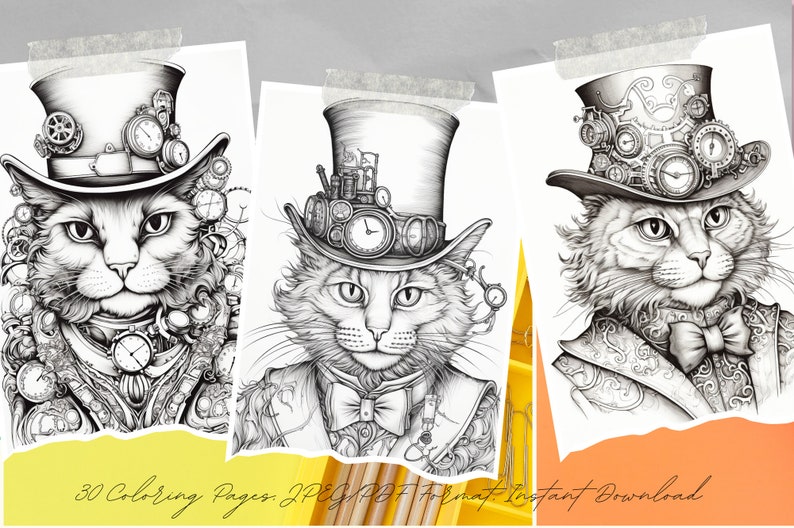 Steampunk Cat Coloring Pages Cat Gentlemen Adults Printable - Etsy