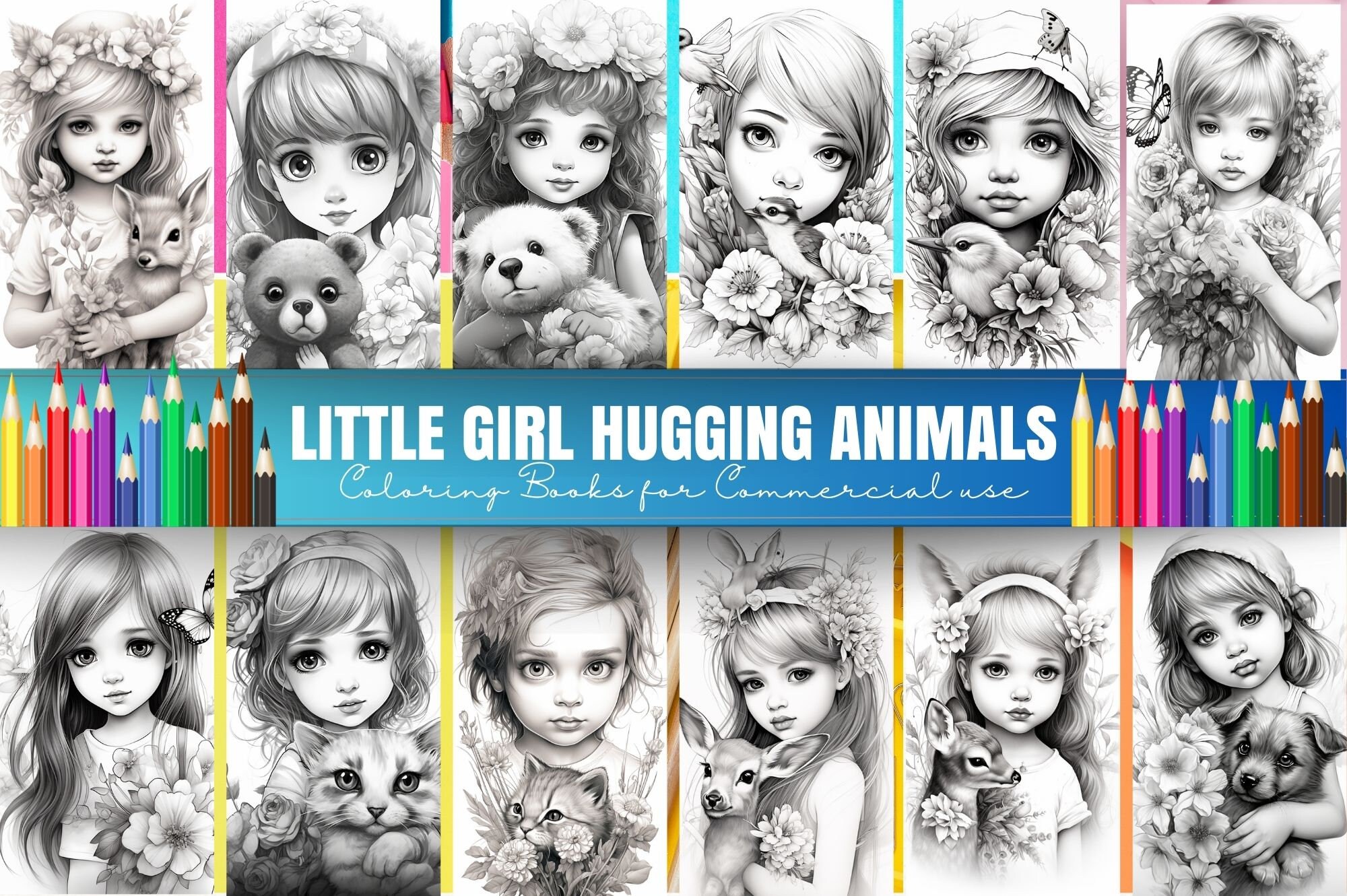 Little Girl Hugging Animals Coloring Pages, Beautiful Girls With ...