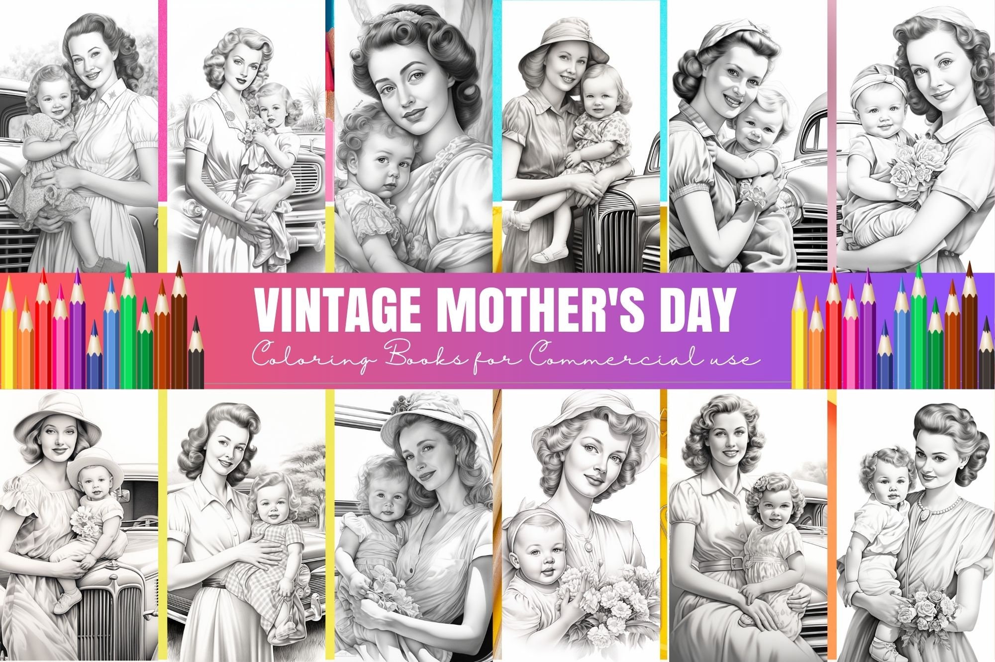 Vintage Mothers Day Coloring Pages, Baby and Mom Coloring, Printable ...