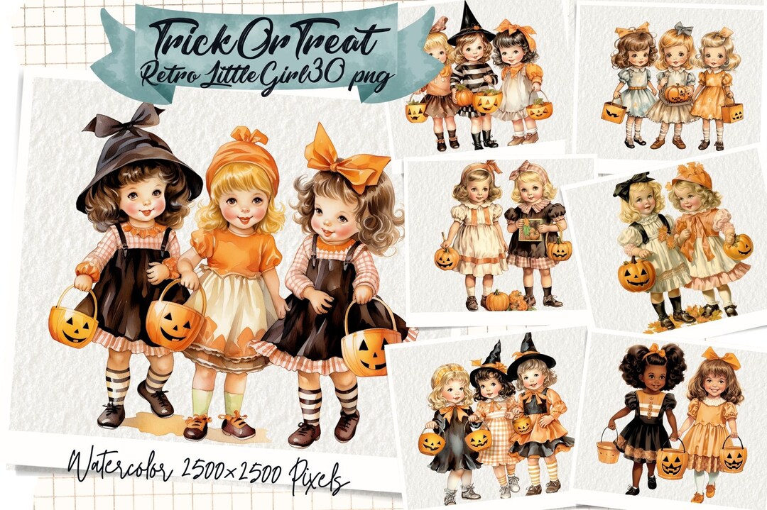 Retro Little Girl Clipart, Trick or Treat Kids Children, Halloween ...