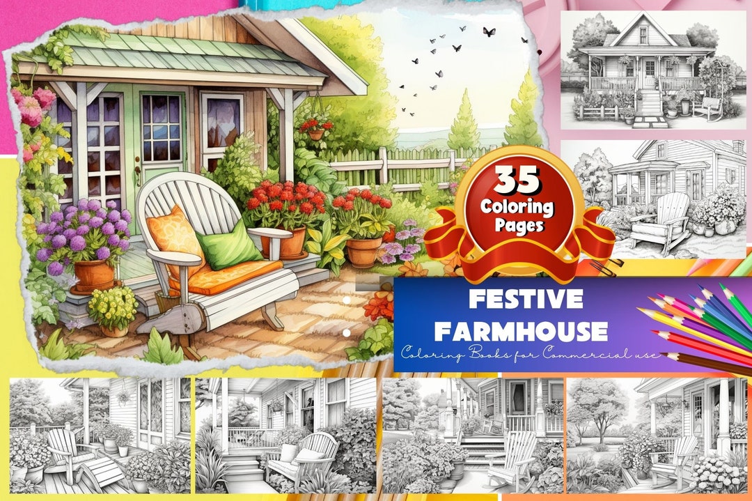 Festive Farmhouse Coloring Pages, Rustic Farmhouse Coloring, Digital ...