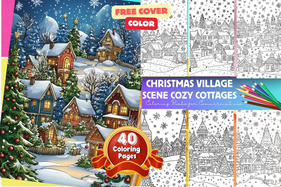 Christmas Winter Village Coloring Page With Cozy Cottages, Festive ...