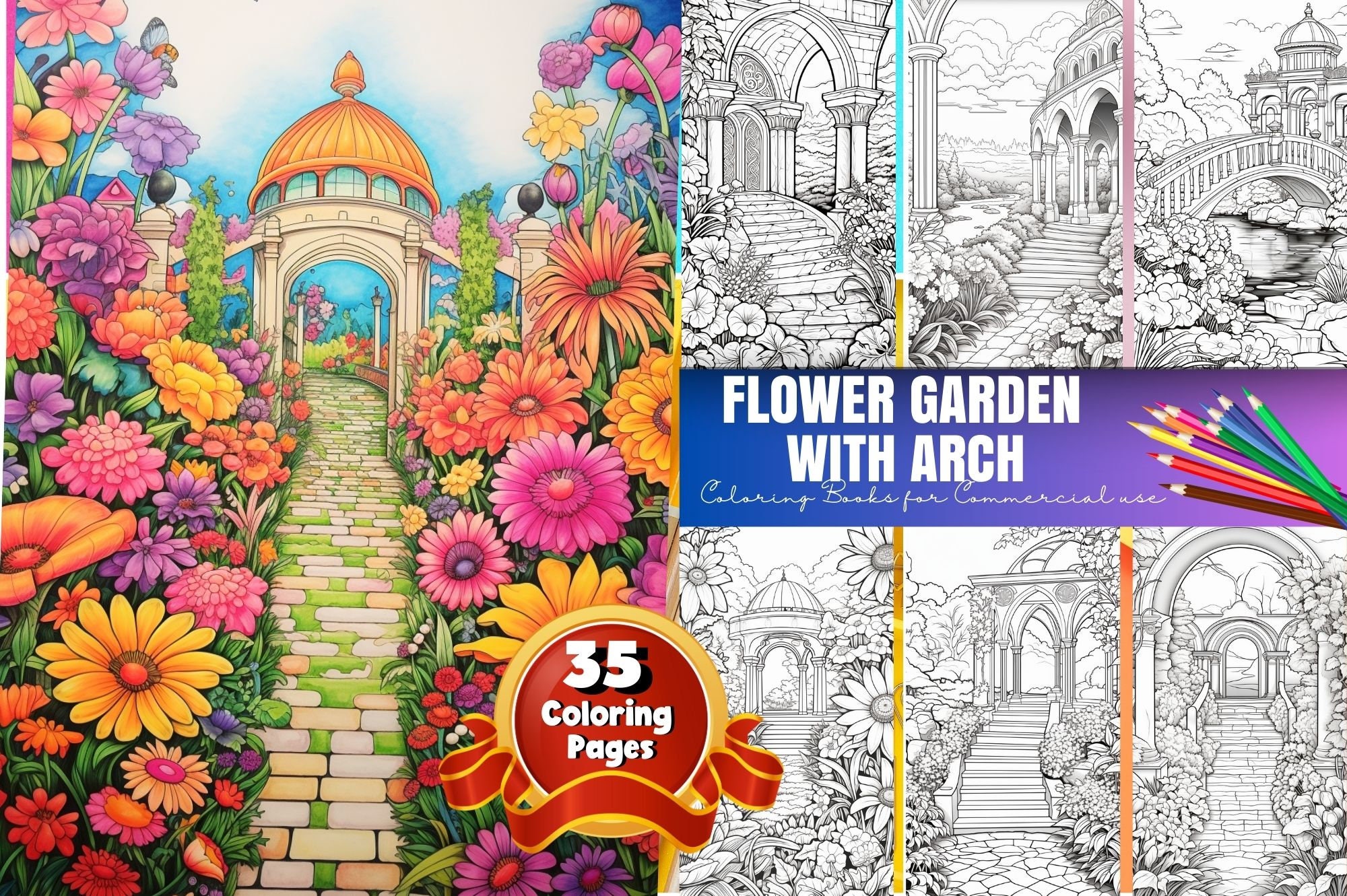 Flowers Garden With Arch Coloring Book, Adults Kids Instant Download ...