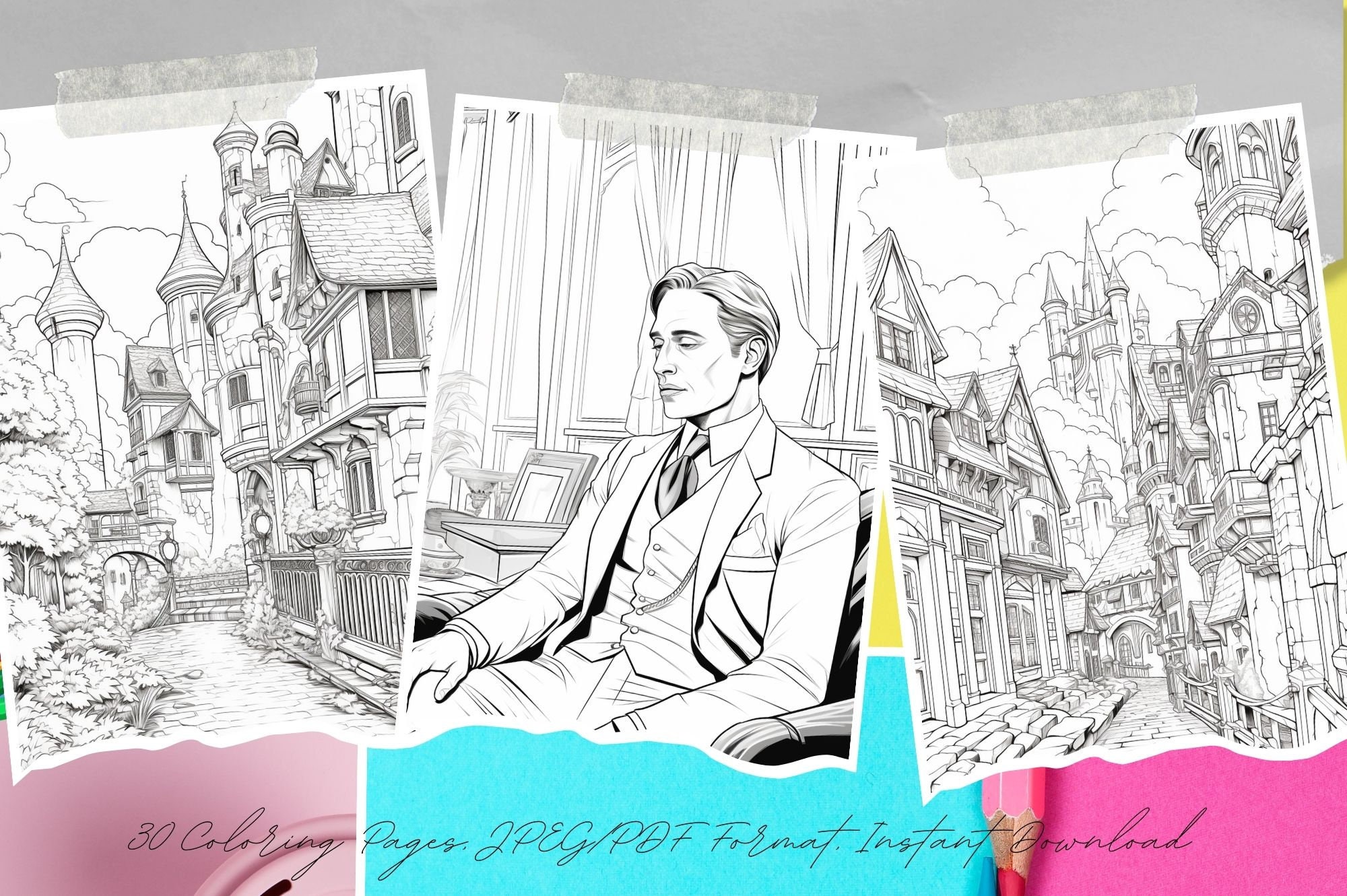 Scene Movie Coloring Page, Coloring Page for Adults, Village Theme ...