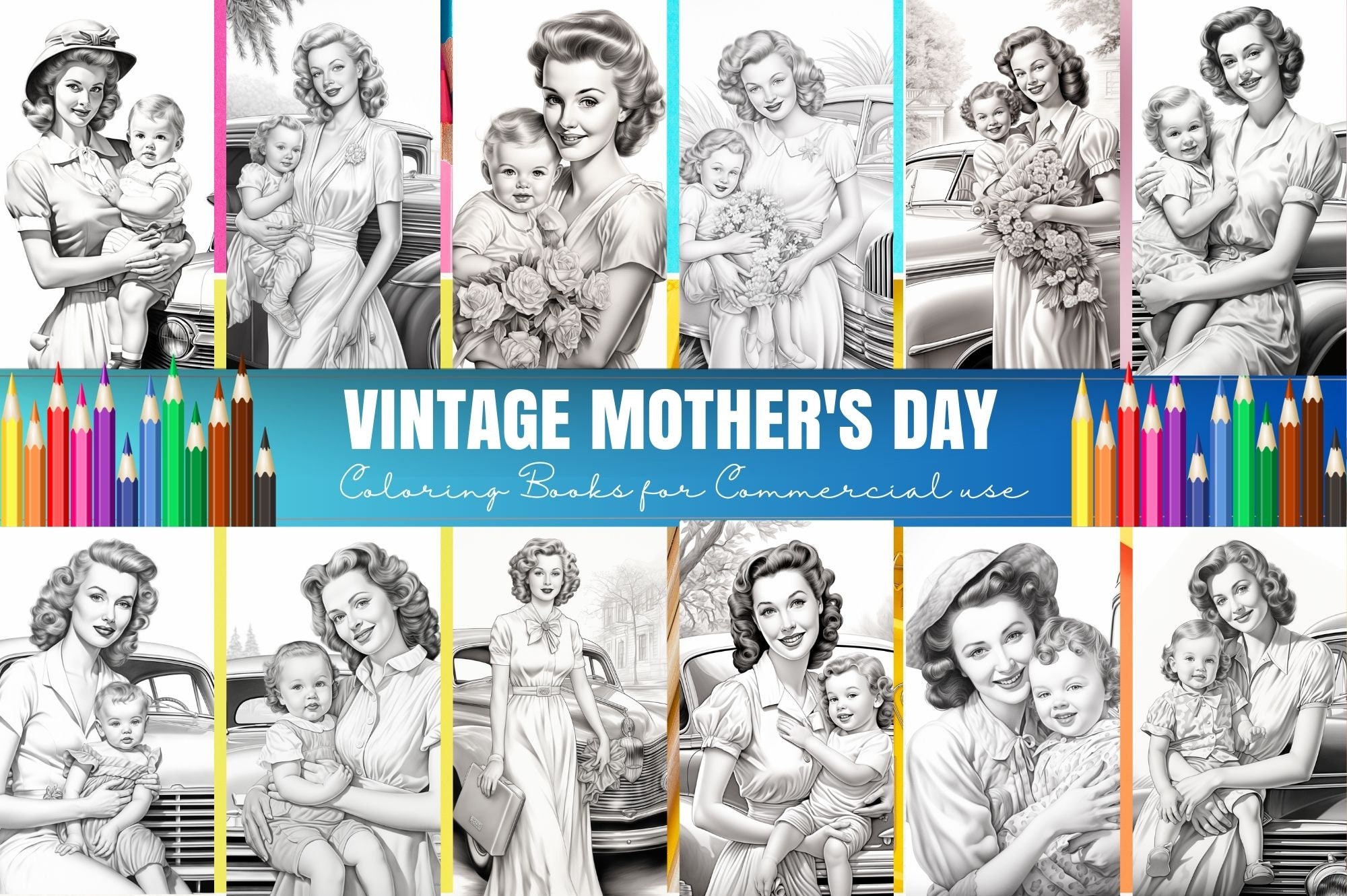 Vintage Mothers Day Coloring Pages, Baby and Mom Coloring, Printable ...