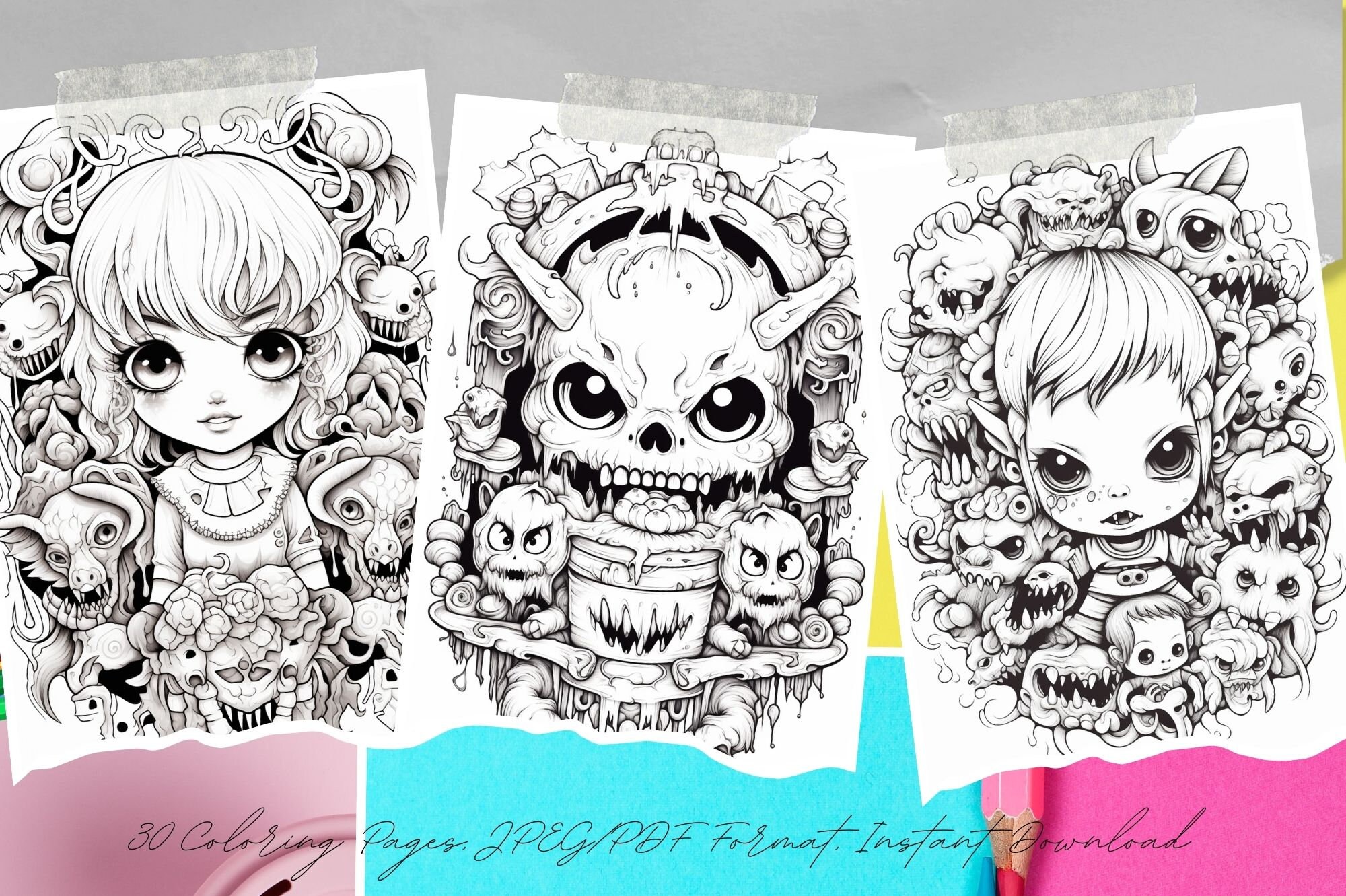 Creepy Nightmare Kawaii Coloring Pages, Cute Creepy Chibi Pastel Goth ...