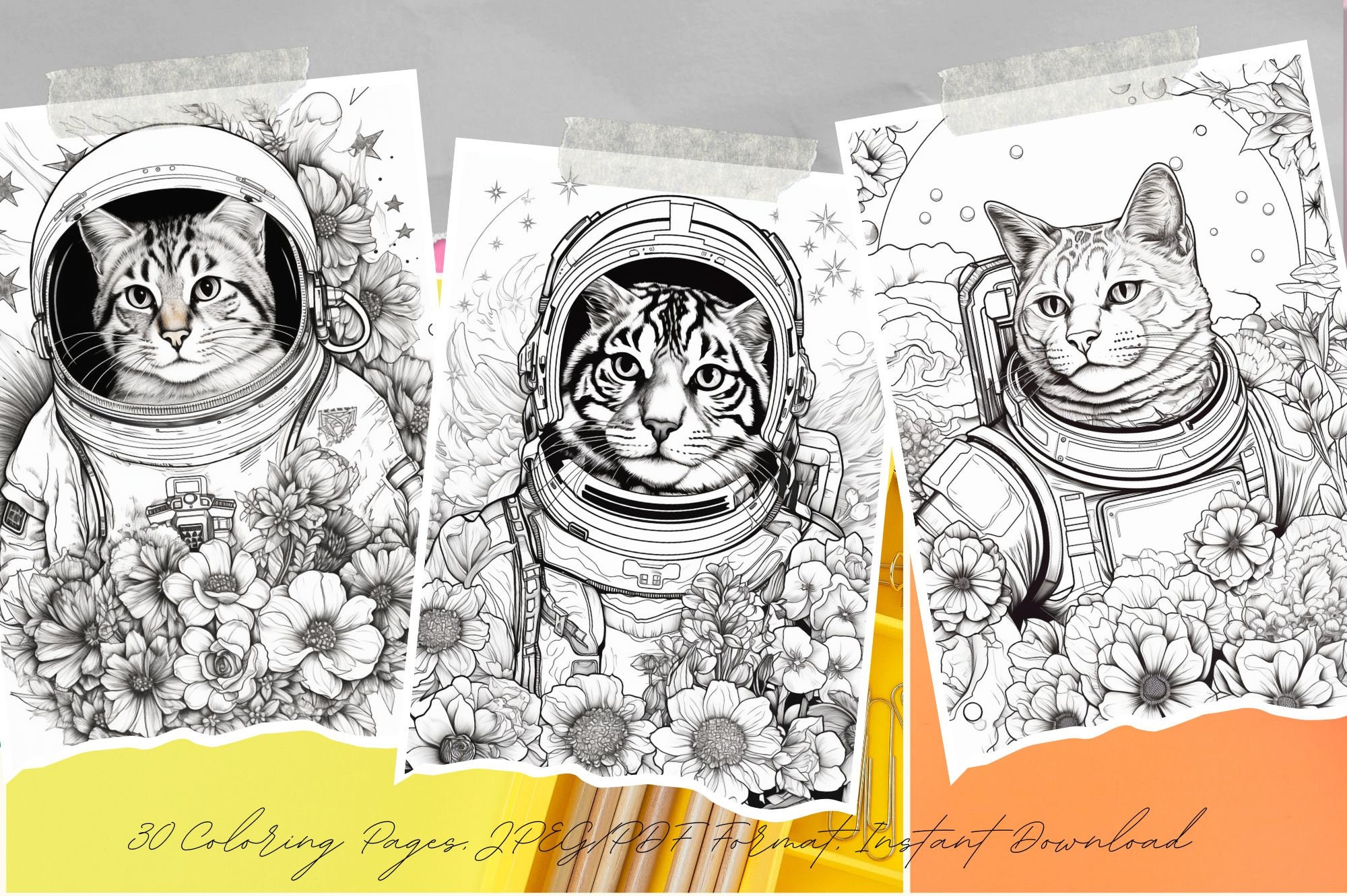 Astronaut Cat Coloring Page, Adults Kids Instant Download grayscale ...