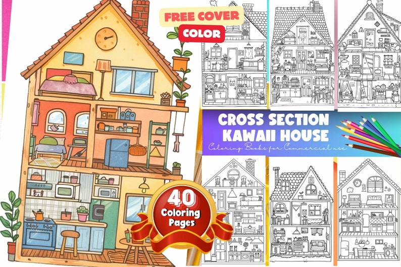 Kawaii Home Cross Section Coloring Book, Interior Design Coloring Book ...
