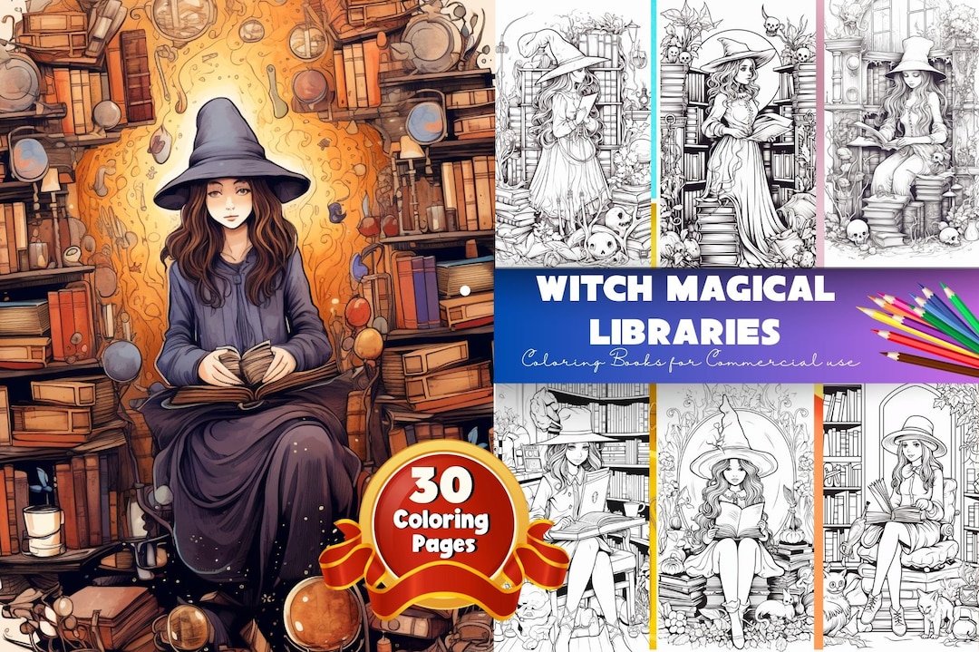 Witch Magical Libraries Fantasy Coloring Pages for Adults, Witch ...