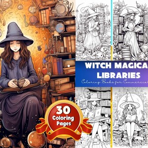 Witch Magical Libraries Fantasy Coloring Pages for Adults, Witch ...