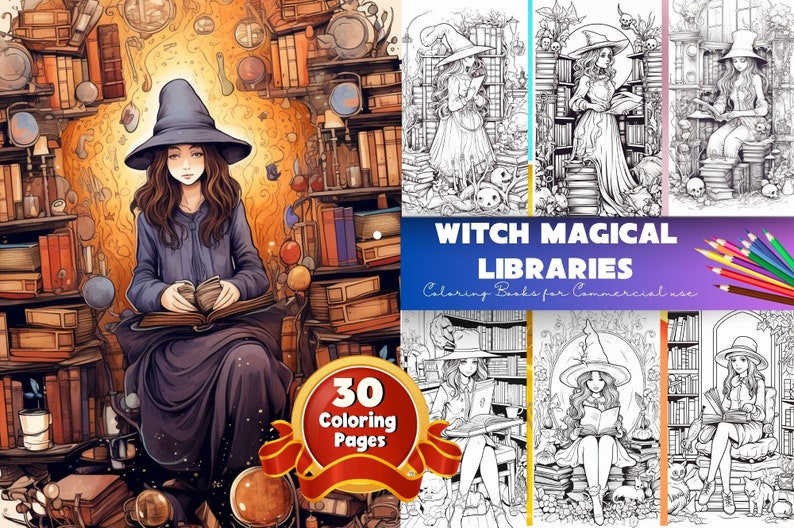 Witch Magical Libraries Fantasy Coloring Pages for Adults, Witch ...