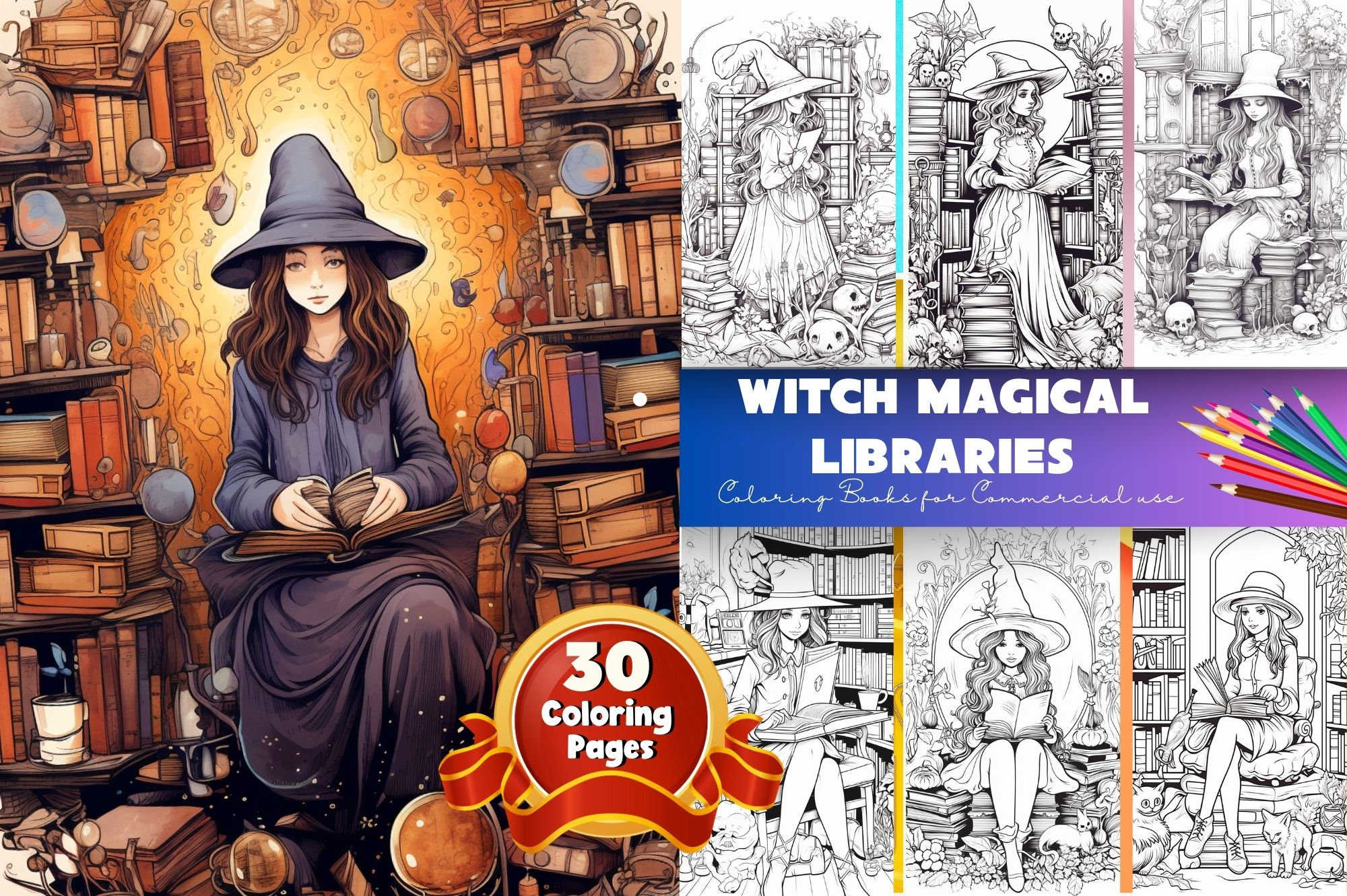 Witch Magical Libraries Fantasy Coloring Pages for Adults - Etsy