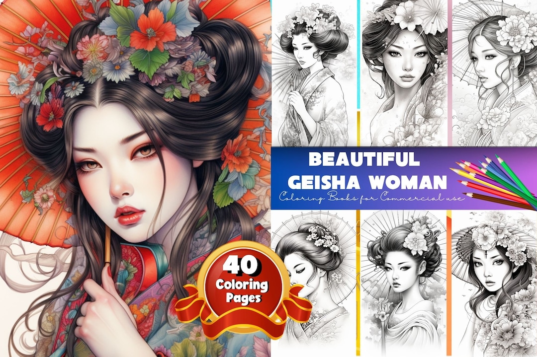 Geisha Coloring Pages, Japan Woman in Flowers, Geisha Kimono Japan ...